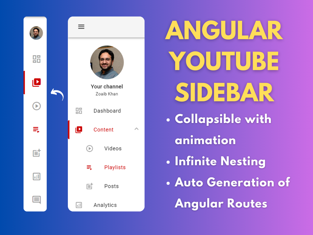 Angular Youtube Sidebar with Nested Sub Menus - Premium Angular Code | Zoaib Khan
